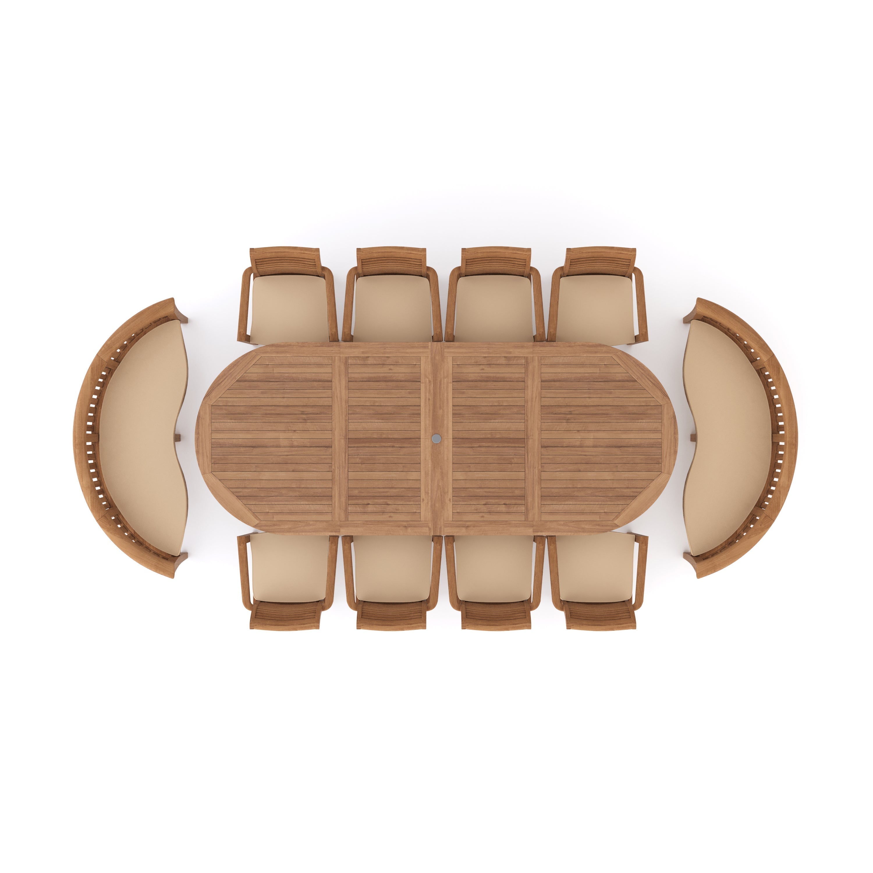 Teak Oval 2–3m Extending Table 4cm Top (8 Oxford Stacking Chairs, 2 Sa