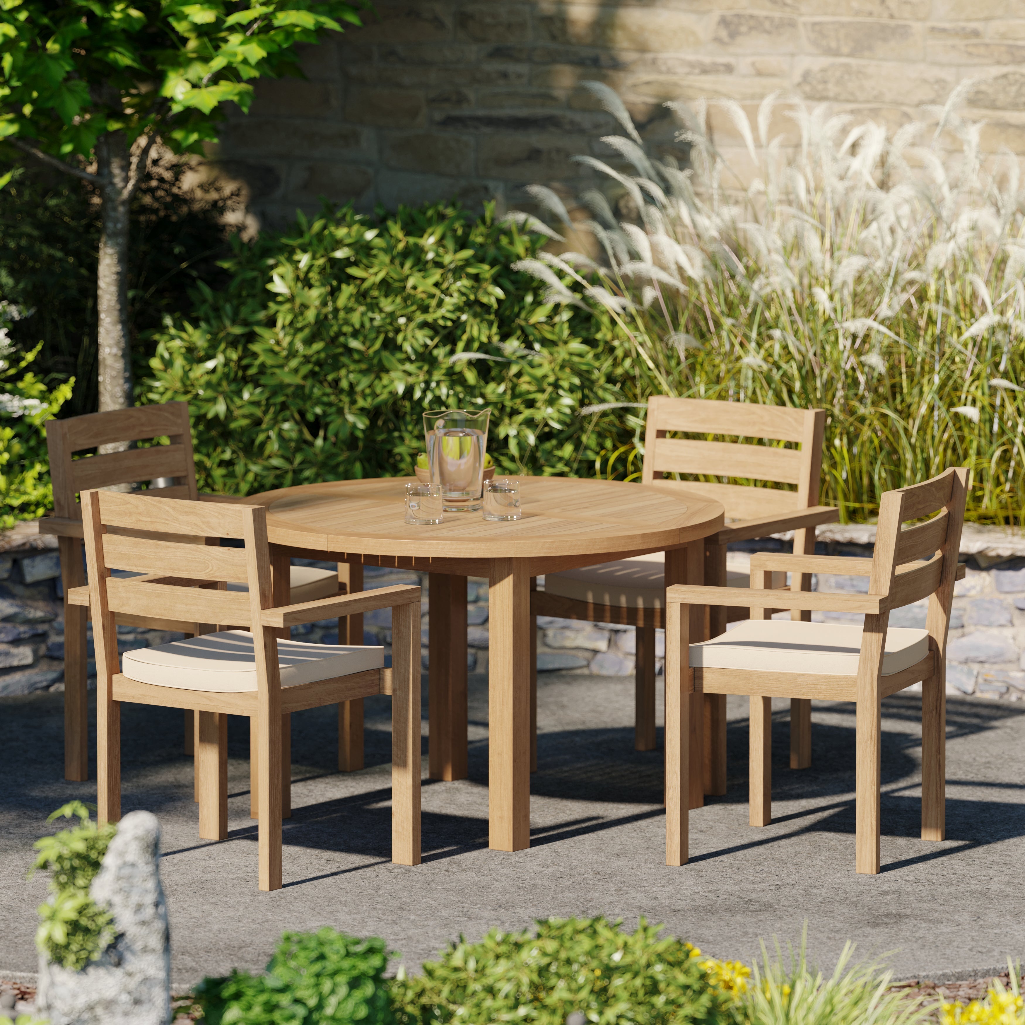 Teak Set 120cm Maximus Round Fixed Table, 4cm Top (4 x Marlow Stacking