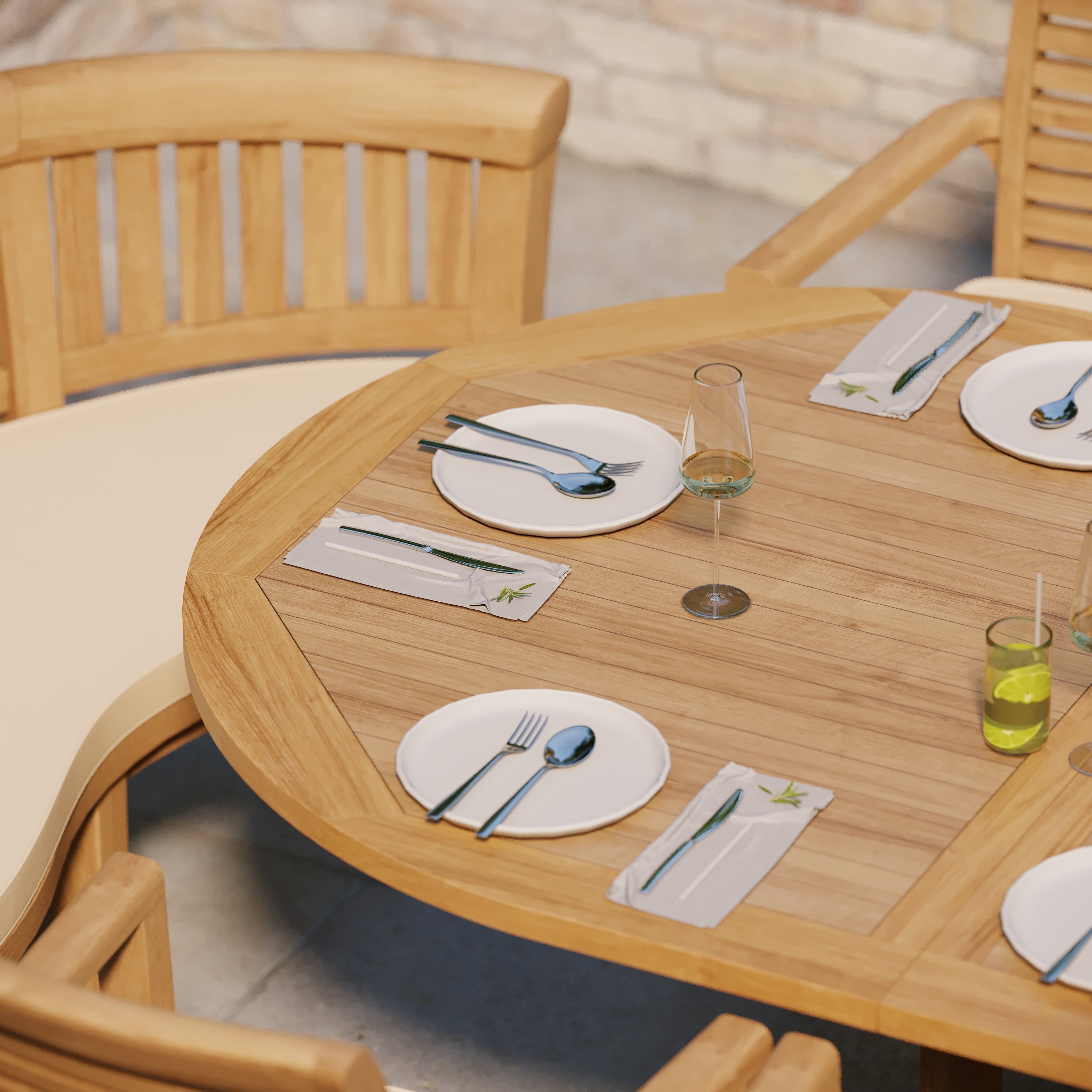 Teak Oval 2–3m Extending Table 4cm Top (8 Oxford Stacking Chairs, 2 Sa